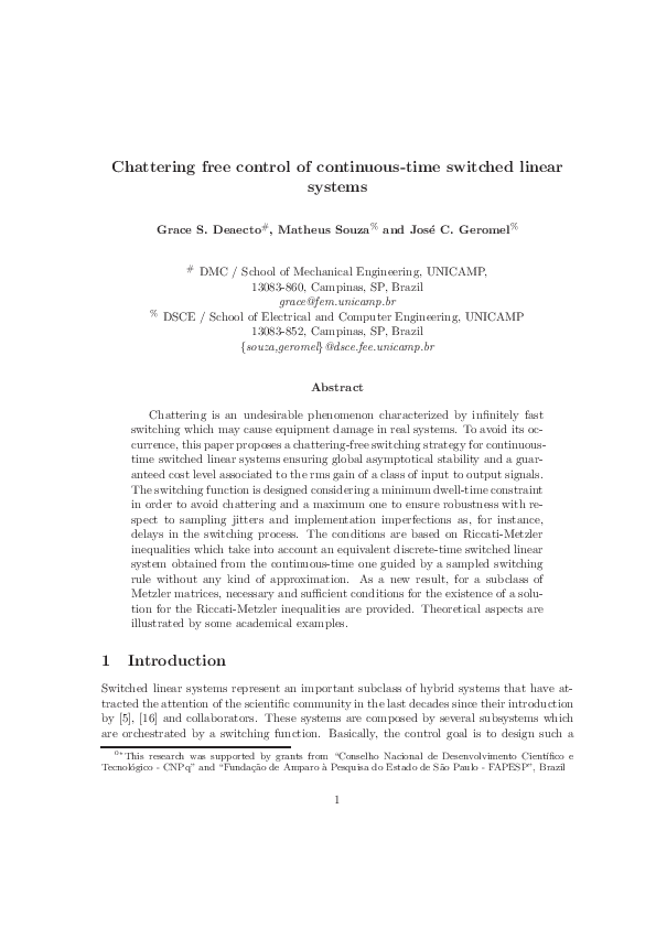 (PDF) Chattering free control of continuous-time switched linear systems