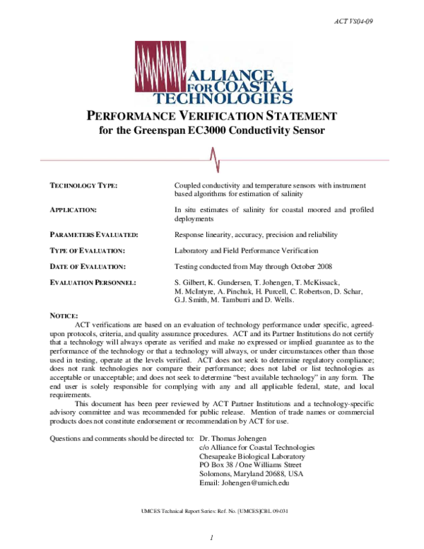(PDF) Performance Verification Statement for the Greenspan EC3000 ...