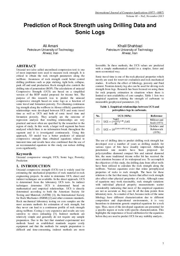 (PDF) Prediction of Rock Strength using Drilling Data and Sonic Logs