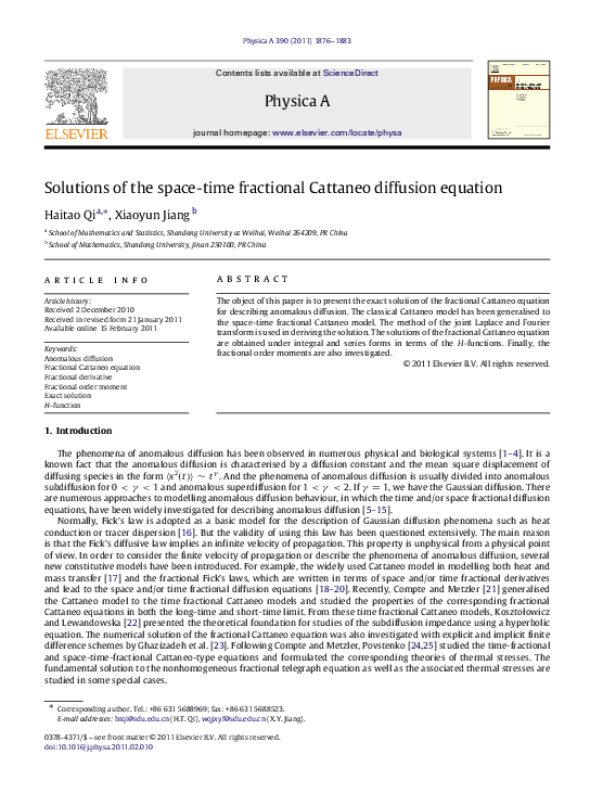 Pdf Solutions Of The Space Time Fractional Cattaneo Diffusion