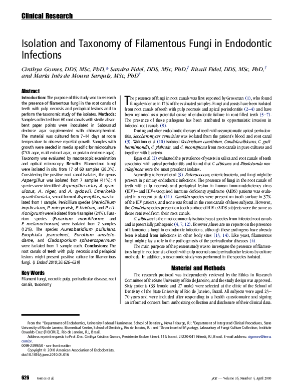 (PDF) Isolation and Taxonomy of Filamentous Fungi in Endodontic Infections