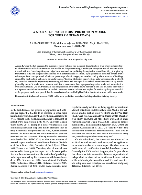 (PDF) A Neural Network Noise Prediction Model for Tehran Urban Roads