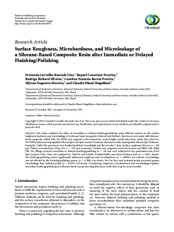 (PDF) Surface Roughness, Microhardness, and Microleakage of a Silorane ...