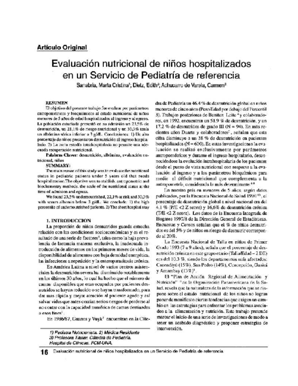 (PDF) Evaluación nutricional de niños hospitalizados en un servicio de pediatría de referencia