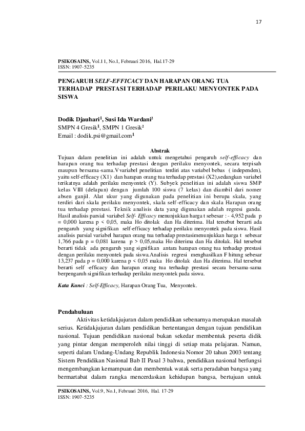 (PDF) Pengaruh Self-Efficacy Dan Harapan Orang Tua Terhadap Prestasi ...