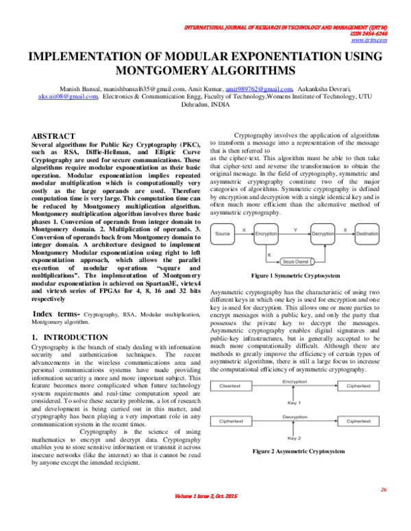 (PDF) Implementation of Modular Exponentiation Using Montgomery Algorithms