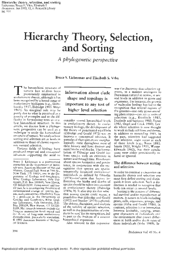 (PDF) Hierarchy Theory, Selection, and Sorting