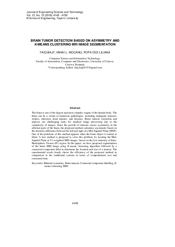 Pdf Brain Tumor Detection Based On Asymmetry And K Means Clustering Mri Image Segmentation