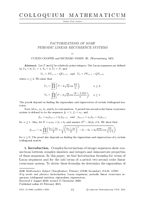 (PDF) Factorizations of some periodic linear recurrence systems