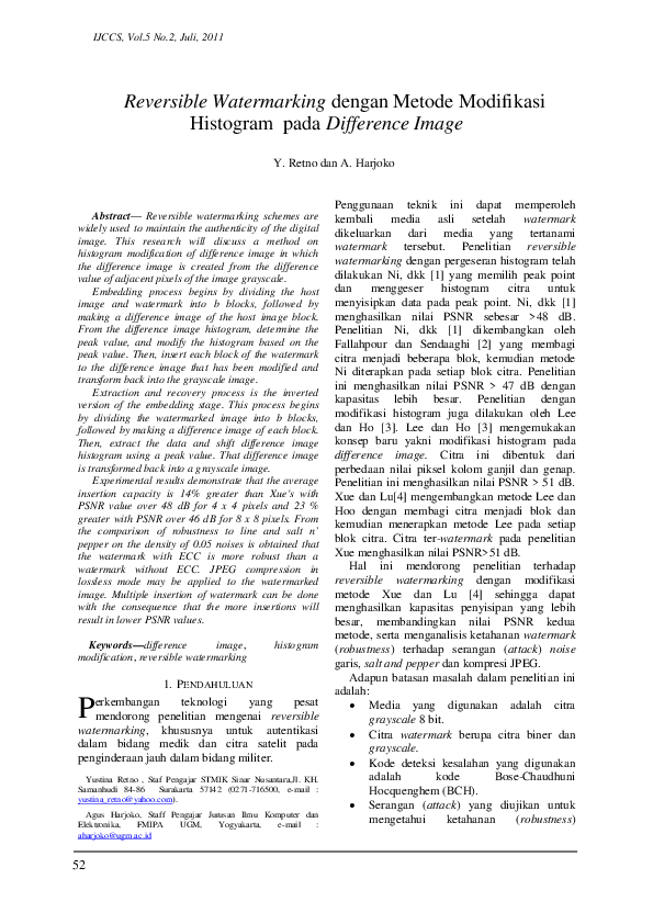 (PDF) Reversible Watermarking dengan Metode Modifikasi Histogram pada Difference Image