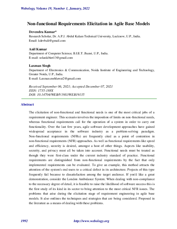(PDF) Non-functional Requirements Elicitation in Agile Base Models