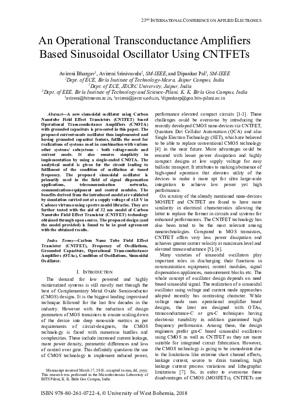(PDF) An Operational Transconductance Amplifiers Based Sinusoidal Oscillator Using CNTFETs