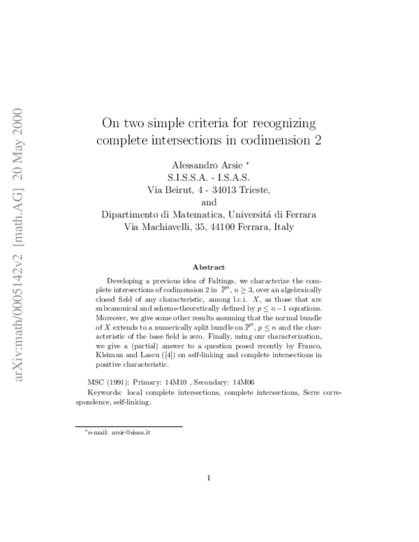 (PDF) On Two Simple Criteria for Recognizing Complete Intersections in Codimension 2