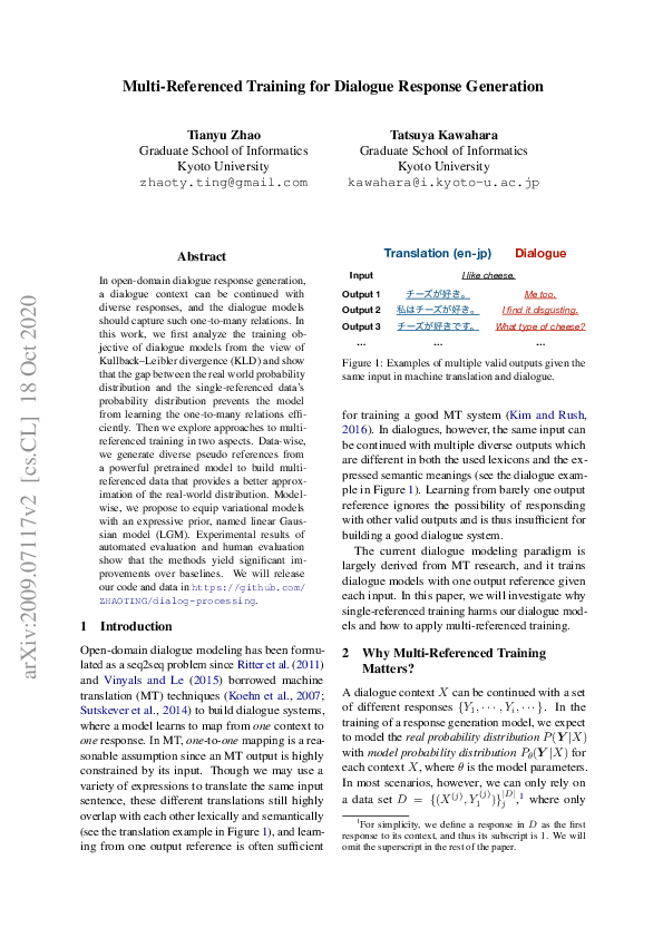 (PDF) Multi-Referenced Training for Dialogue Response Generation