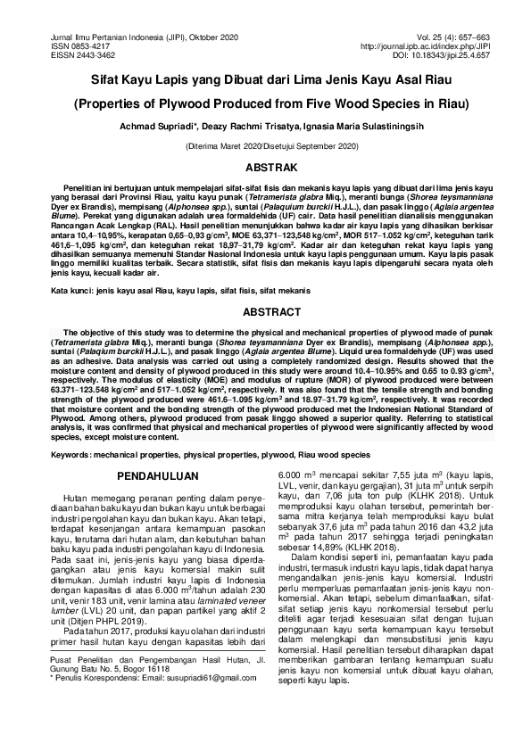 (PDF) Sifat Kayu Lapis yang Dibuat dari Lima Jenis Kayu Asal Riau