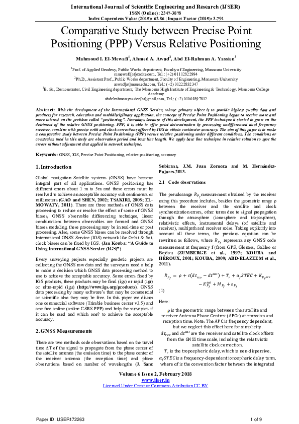 (PDF) Comparative Study between Precise Point Positioning (PPP) Versus Relative Positioning