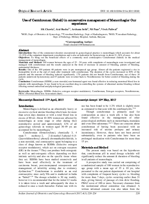 (PDF) Use of Centchroman (Saheli) in conservative management of ...