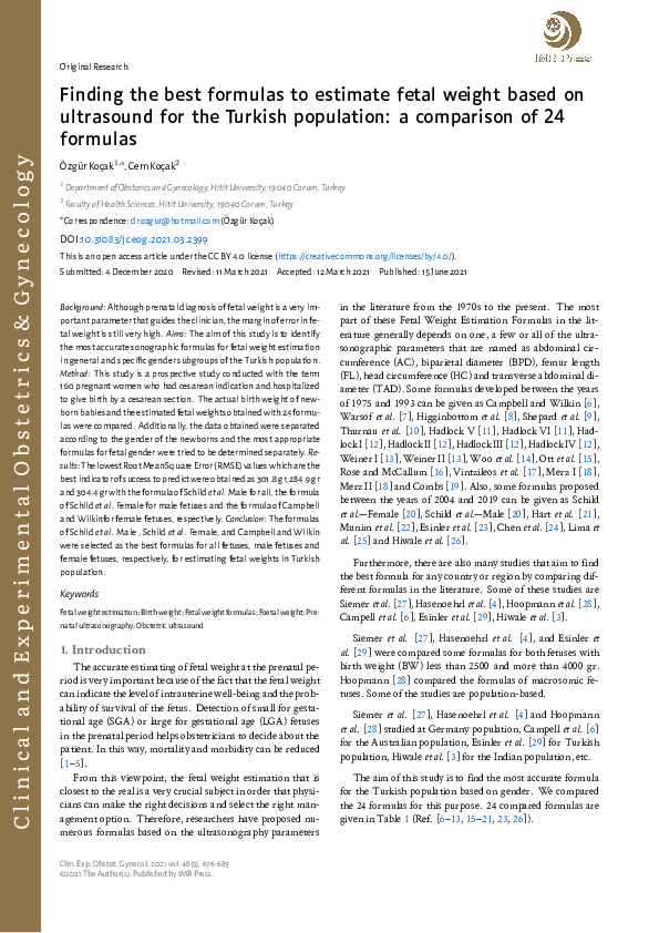 (PDF) Finding the best formulas to estimate fetal weight based on ...