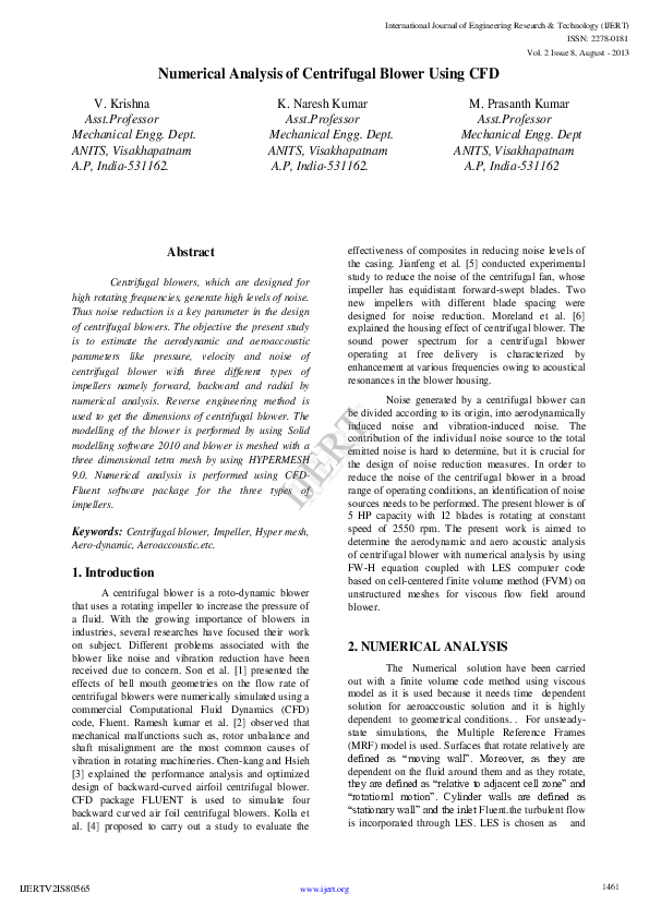 (PDF) Numerical Analysis of Centrifugal Blower Using CFD (PDF) Numerical Analysis of Centrifugal Blower Using CFD