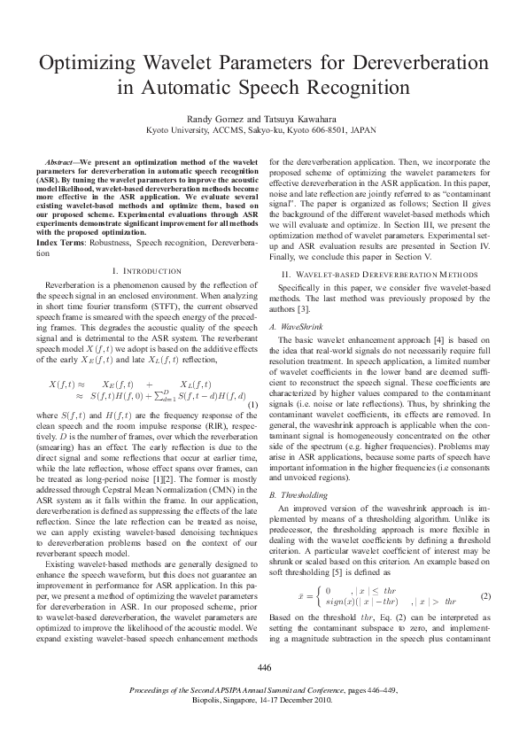 (PDF) Optimizing Wavelet Parameters for Dereverberation in Automatic Speech Recognition