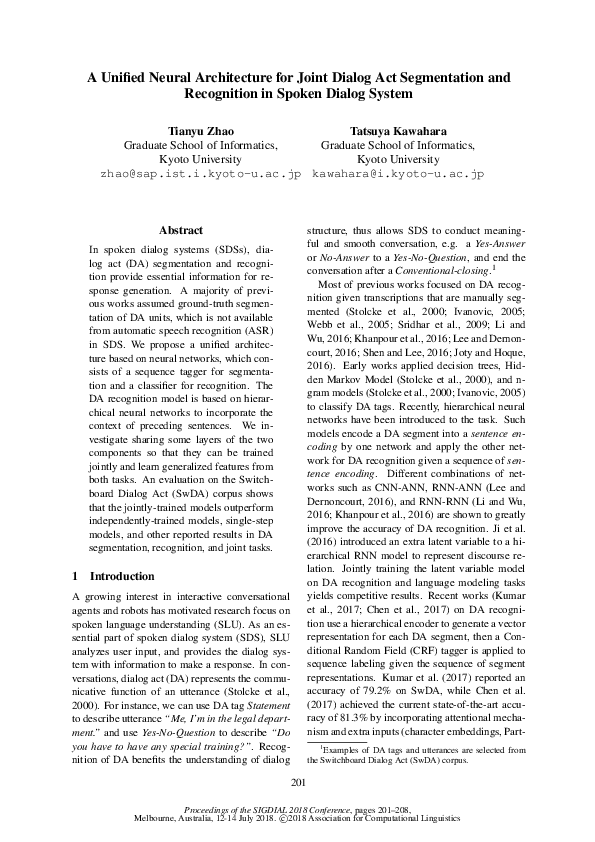 Pdf A Unified Neural Architecture For Joint Dialog Act Segmentation And Recognition In Spoken