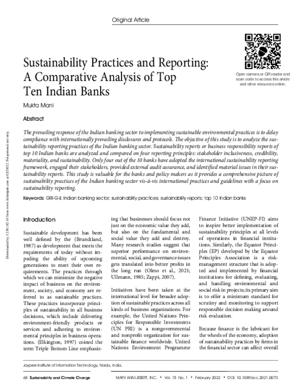(PDF) Sustainability Practices and Reporting: A Comparative Analysis of Top Ten Indian Banks