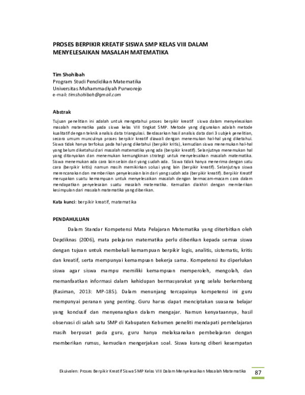 (PDF) Ekuivalen: Proses Berpikir Kreatif Siswa SMP Kelas VIII Dalam Menyelesaikan Masalah ...