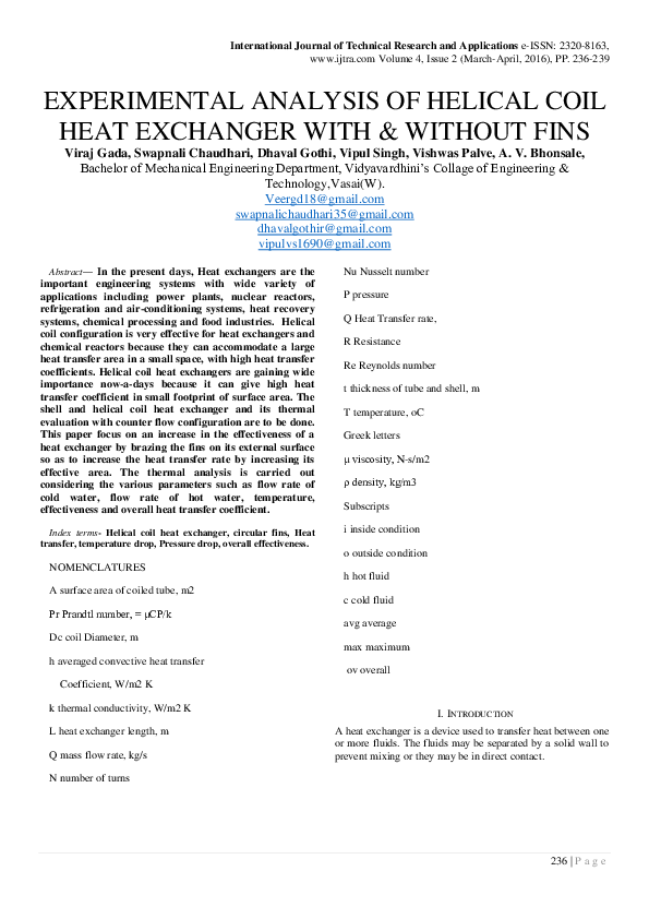 (PDF) Experimental Analysis of Helical Coil Heat Exchanger with ...