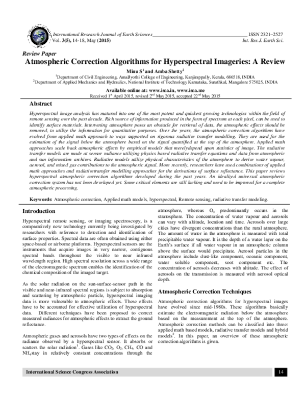 Pdf Atmospheric Correction Algorithms For Hyperspectral Imageries A Review