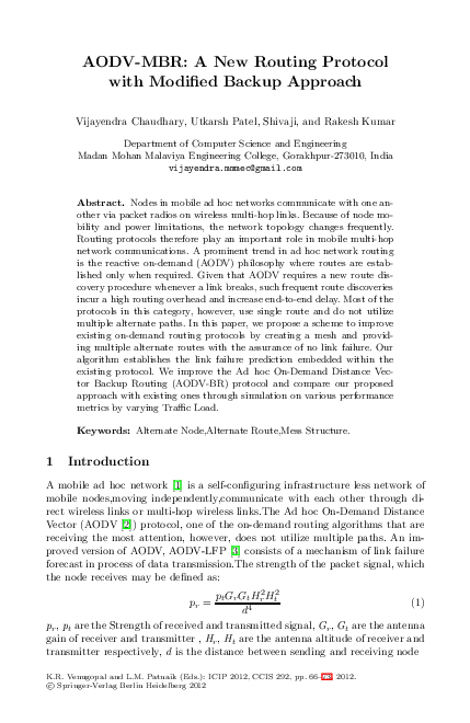 (PDF) AODV-MBR: A New Routing Protocol with Modified Backup Approach | Utkarsh Patel - Academia.edu