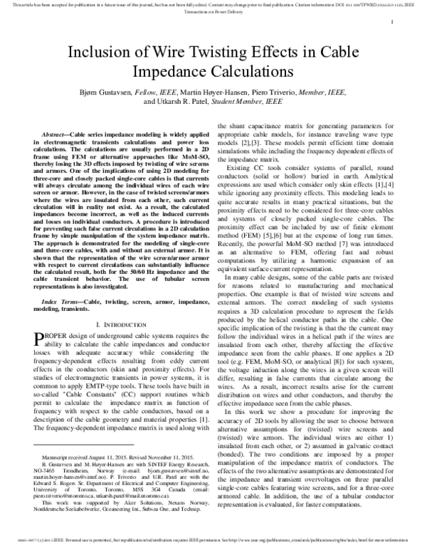 (PDF) Inclusion of Wire Twisting Effects in Cable Impedance Calculations