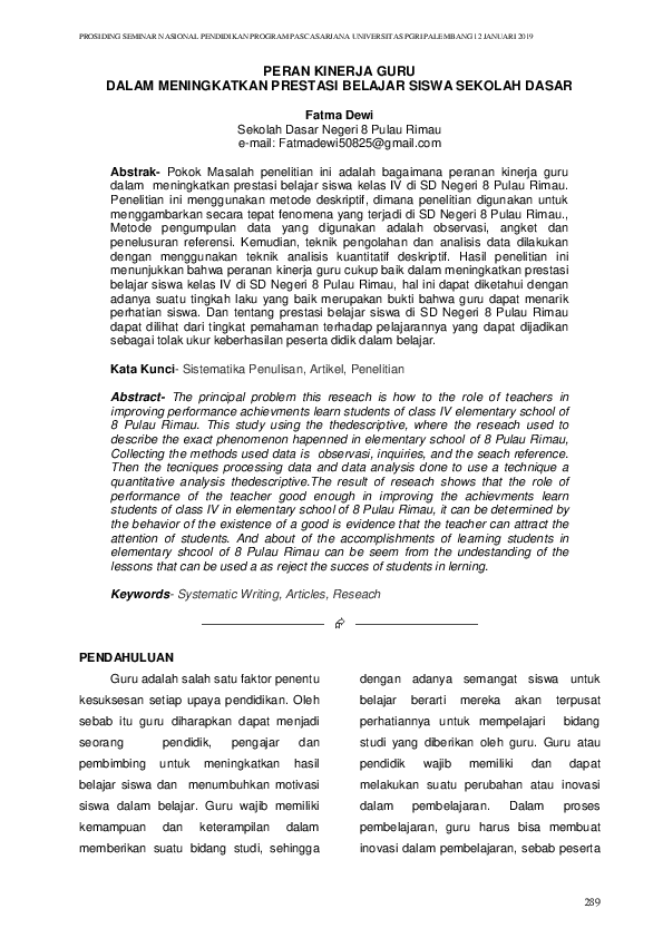 (PDF) Peran Kinerja Guru Dalam Meningkatkan Prestasi Belajar Siswa Sekolah Dasar