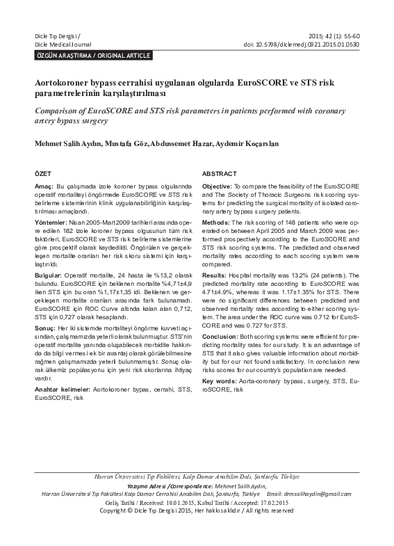 (PDF) Aortokoroner bypass cerrahisi uygulanan olgularda EuroSCORE ve ...