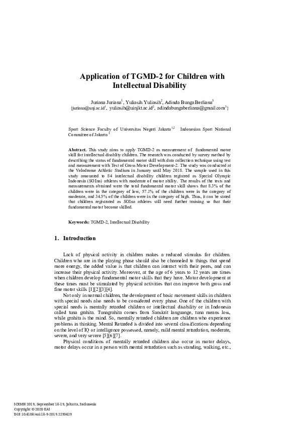 (PDF) Application of TGMD-2 for Children with Intellectual Disability