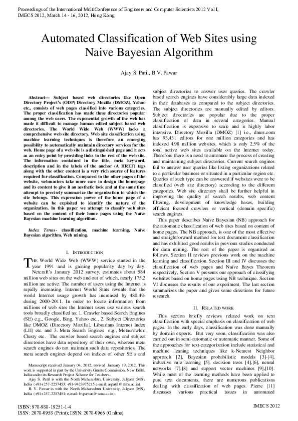 Pdf Automated Classification Of Web Sites Using Naive Bayesian Algorithm Dr B V Pawar
