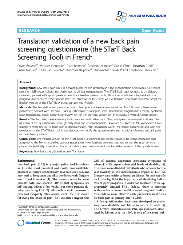 (PDF) Translation validation of a new back pain screening questionnaire ...
