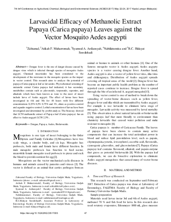 (PDF) Larvacidal Efficacy of Methanolic Extract Papaya (Carica papaya ...