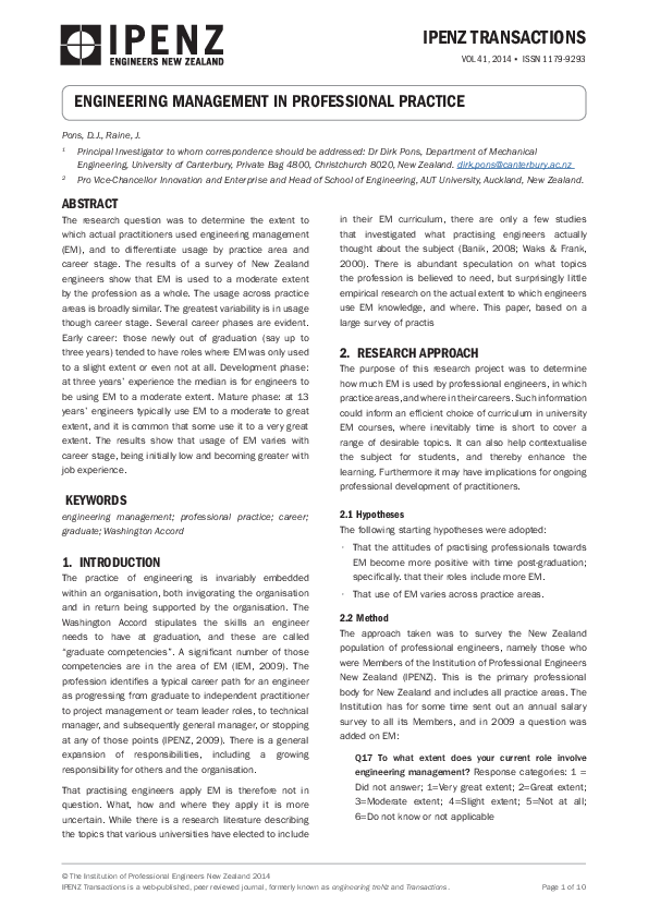 (PDF) Engineering management in professional practice