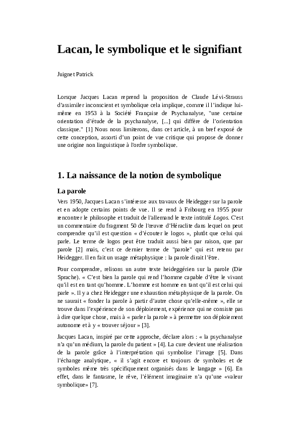 (PDF) Lacan, le symbolique et le signifiant