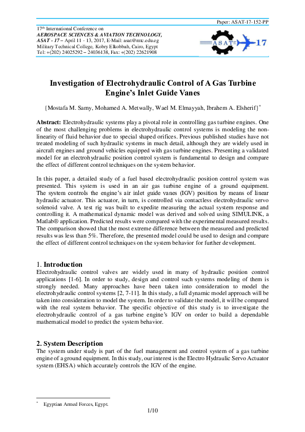 (PDF) Investigation of Electrohydraulic Control of A Gas Turbine Engine ...