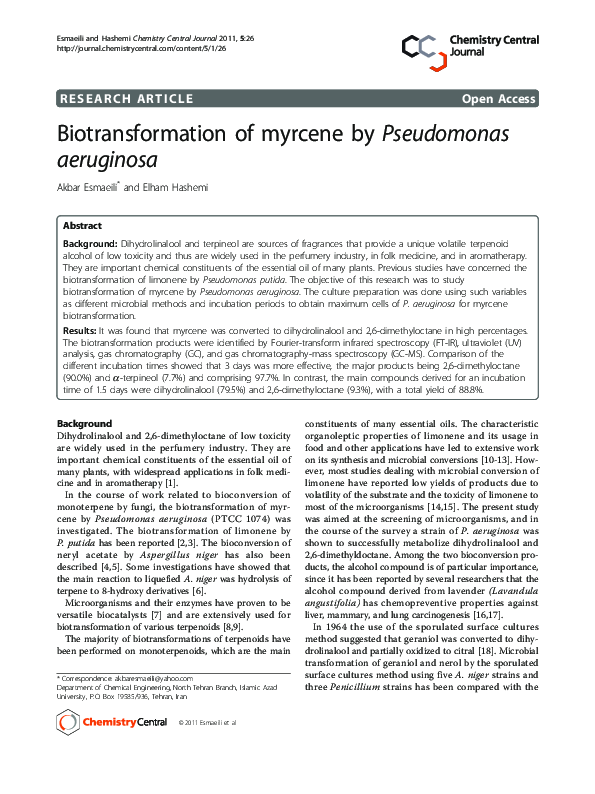 (PDF) Biotransformation of myrcene by Pseudomonas aeruginosa