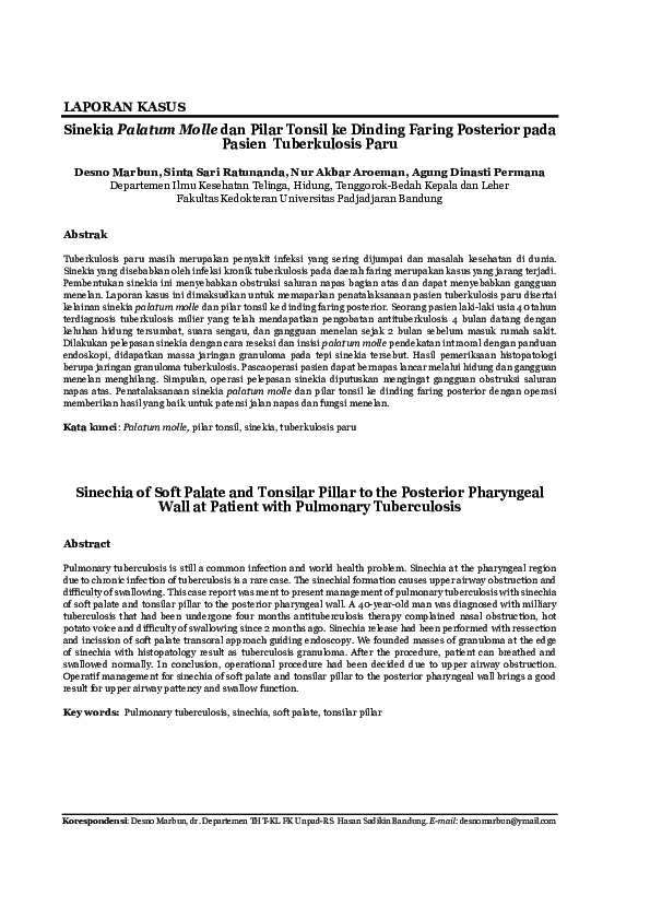(PDF) Sinekia Palatum Molle dan Pilar Tonsil ke Dinding Faring ...