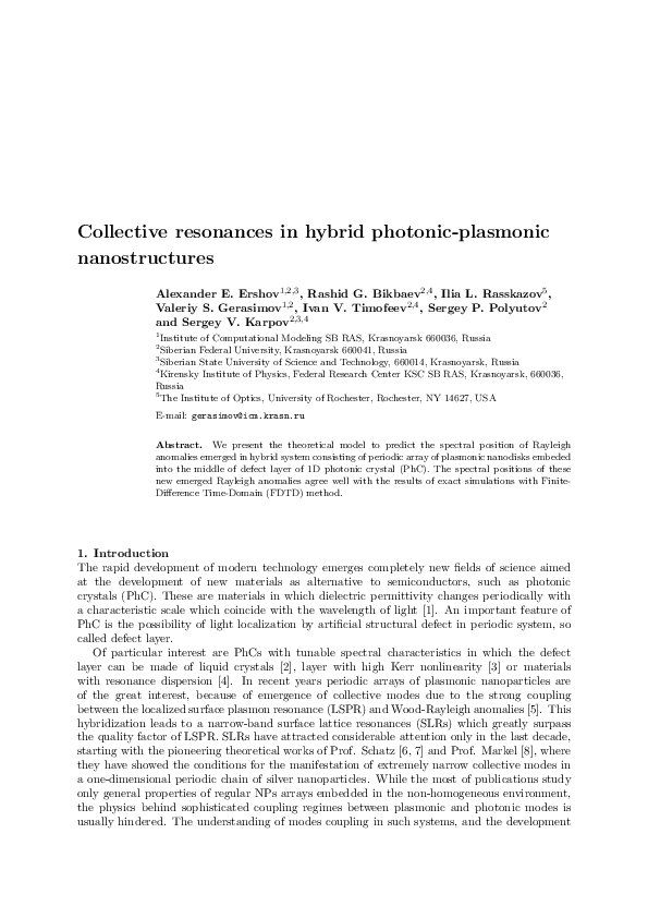 (PDF) Collective resonances in hybrid photonic-plasmonic nanostructures