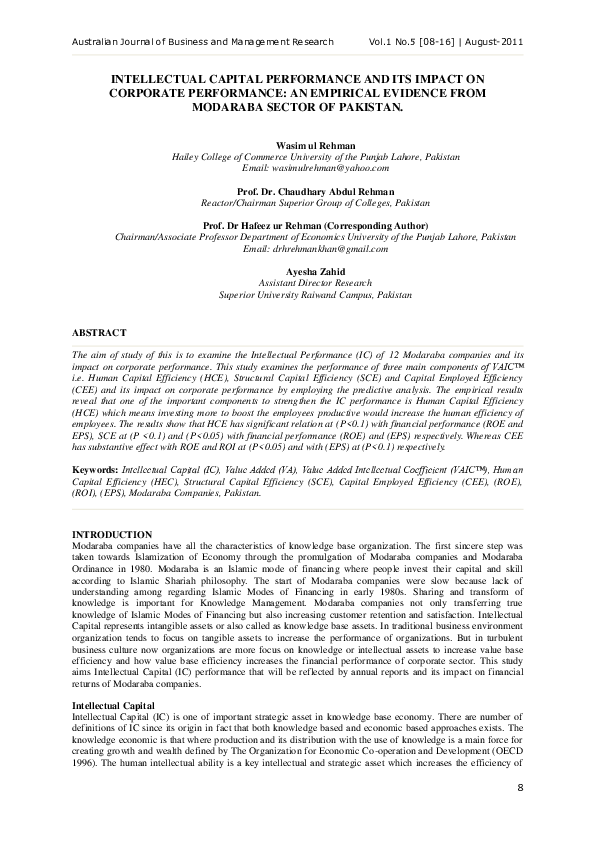 (PDF) Intellectual Capital Performance and Its Impact on Corporate Performance: An Empirical ...