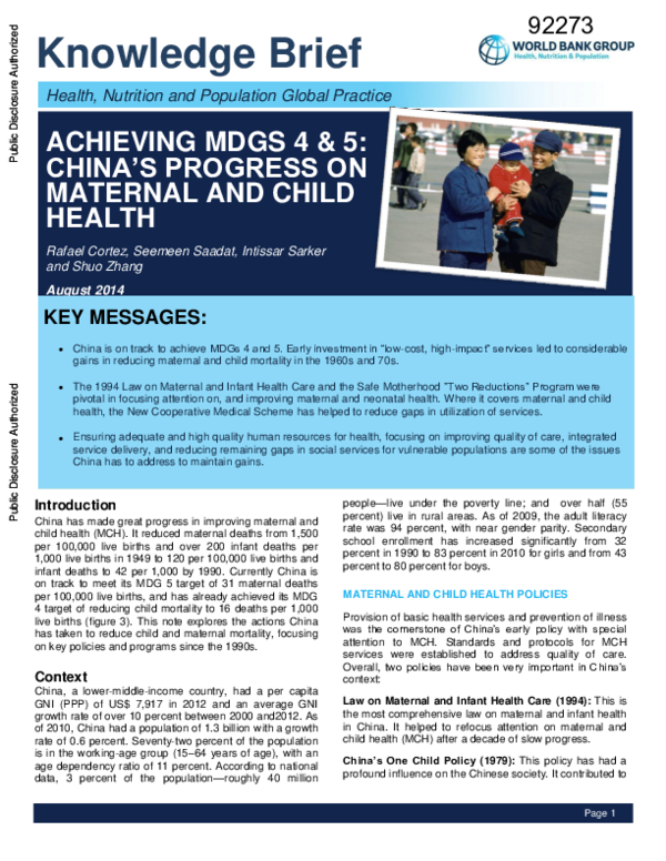 (PDF) Achieving MDGS 4 and 5 : China's progress on maternal and child ...