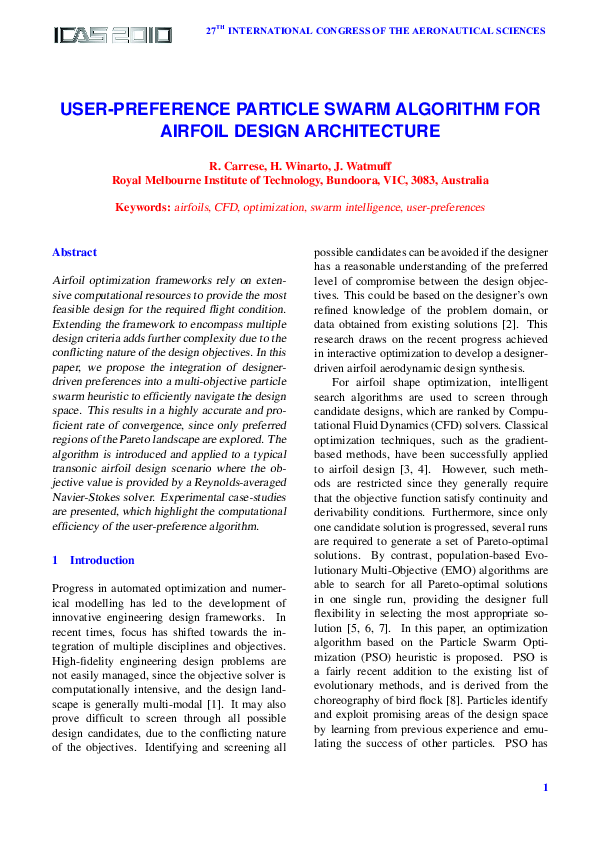 Pdf User Preference Particle Swarm Algorithm For Airfoil Design