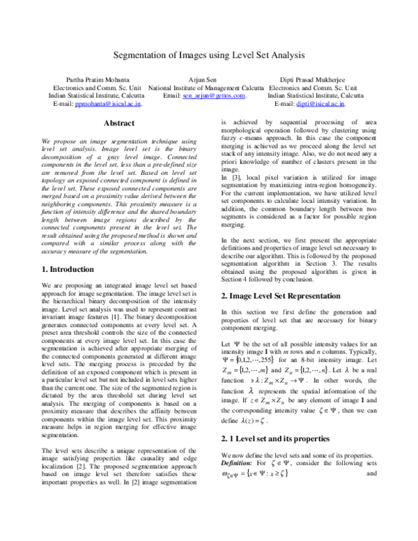 Pdf Segmentation Of Images Using Level Set Analysis