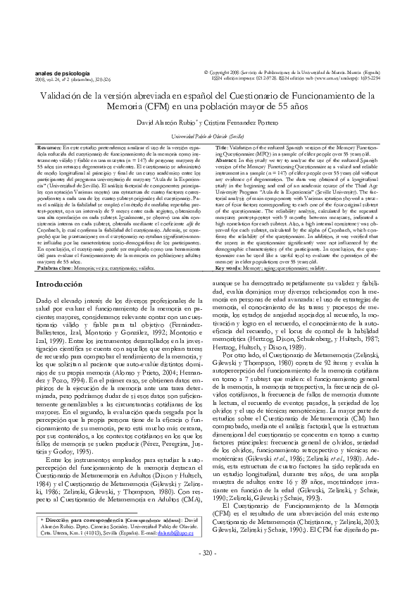 (PDF) Validation of the Reduced Spanish Version of the Memory ...
