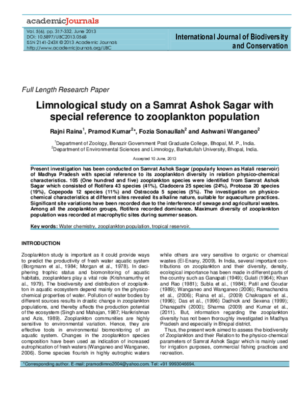(PDF) Limnological study on a Samrat Ashok Sagar with special reference to zooplankton population