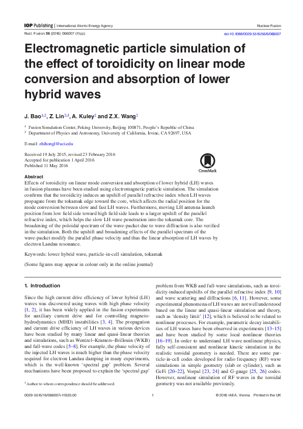 (PDF) Electromagnetic particle simulation of the effect of toroidicity on linear mode conversion ...